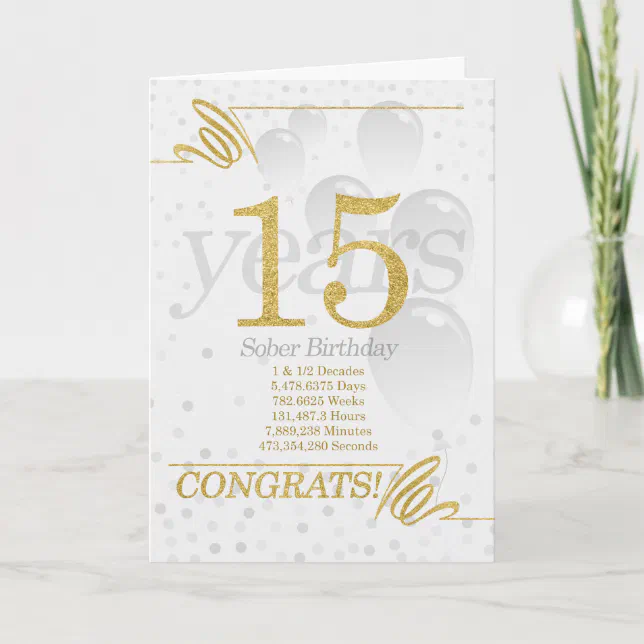 15 Years Sober Birthday Faux Gold Glitter Card | Zazzle