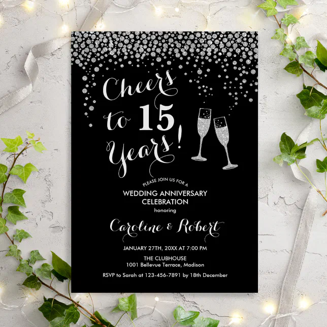 15th Anniversary - Cheers to 15 Years Silver Black Invitation | Zazzle