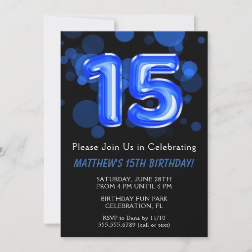 15th Birthday Balloons Kids Blue Boy Party Invitation | Zazzle