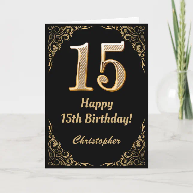 15th Birthday Black and Gold Glitter Frame Card | Zazzle