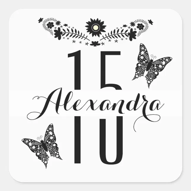 15th Birthday Black & White Butterfly Monogram Square Sticker | Zazzle