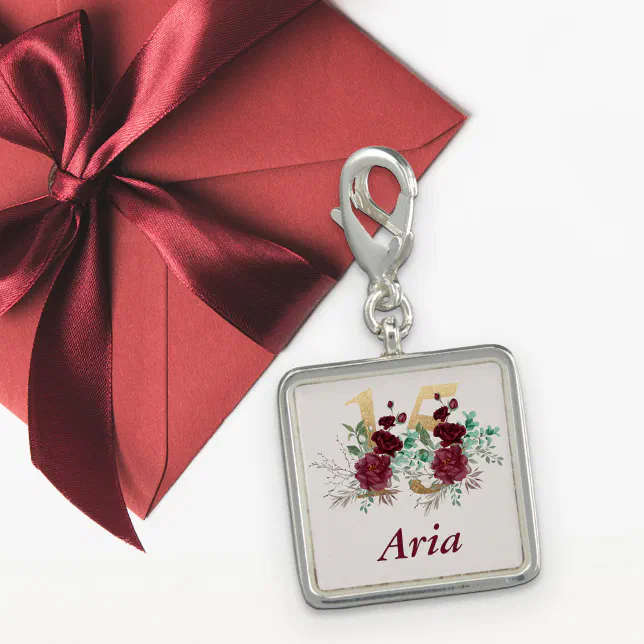 15th Birthday Burgundy Red Roses Floral Number 15 Charm | Zazzle