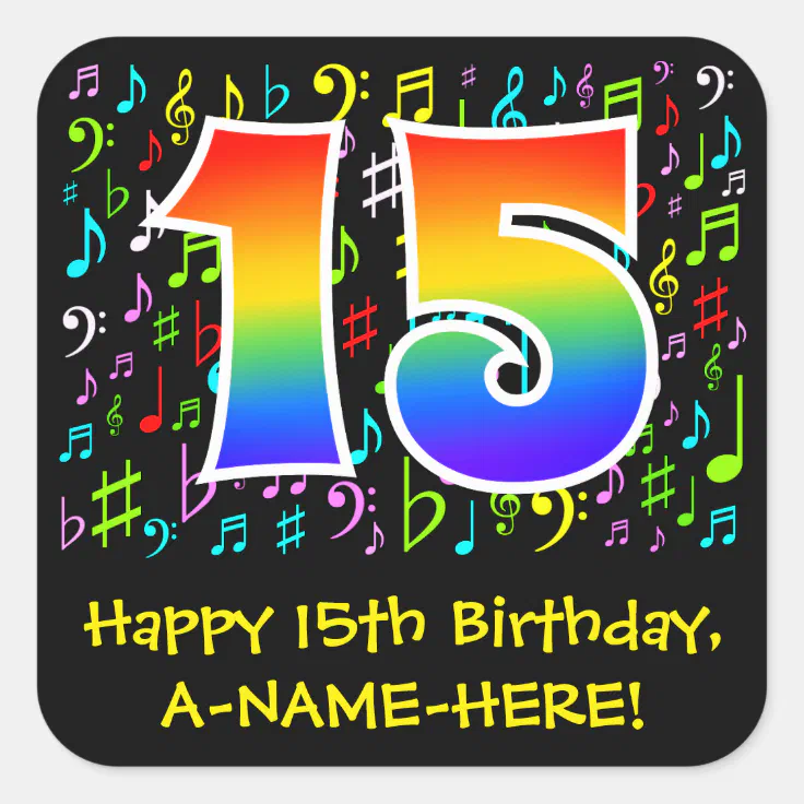 15th Birthday: Colorful Music Symbols, Rainbow 15 Square Sticker | Zazzle