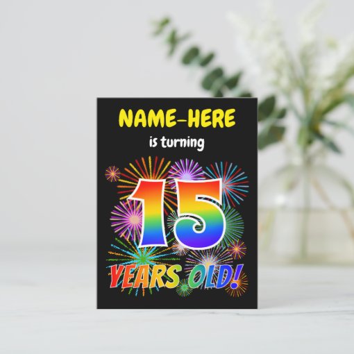 15th Birthday - Fun Fireworks, Rainbow Look "15" Postcard | Zazzle