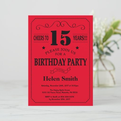 15th Birthday Invitation Black and Red | Zazzle