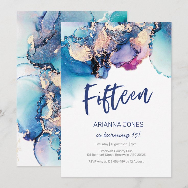 15th Birthday Invitation Blue Abstract Watercolor | Zazzle