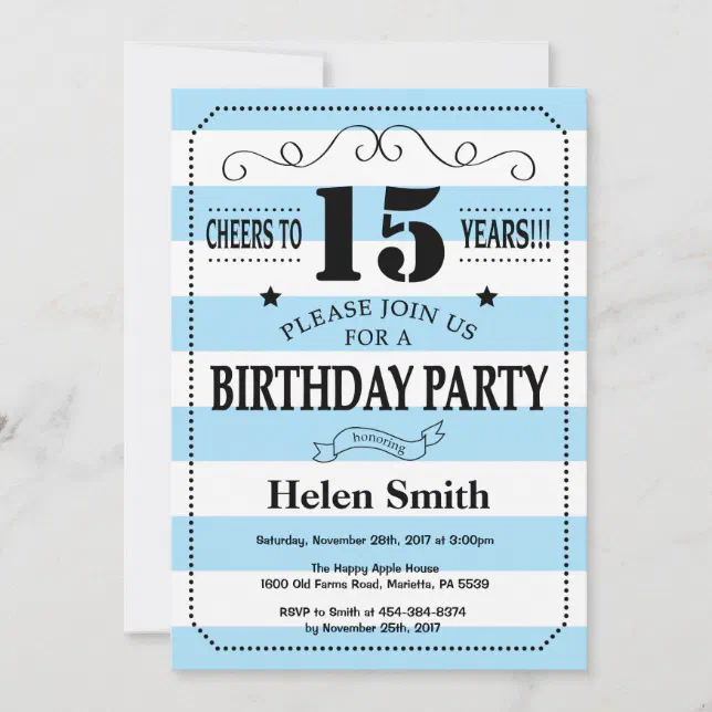 15th Birthday Invitation Blue and White Stripes | Zazzle