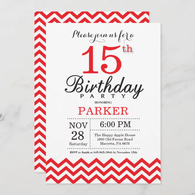 15th Birthday Invitation Red Chevron | Zazzle