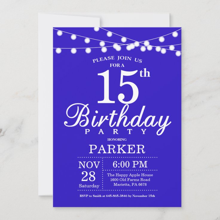15th Birthday Invitation Royal Blue | Zazzle