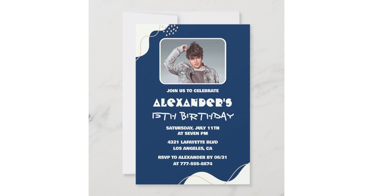 15th birthday invitations Men Photo Simple Navy | Zazzle