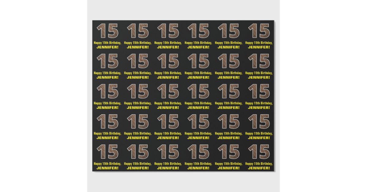 15th Birthday: Name & Faux Wood Grain Pattern "15" Wrapping Paper | Zazzle