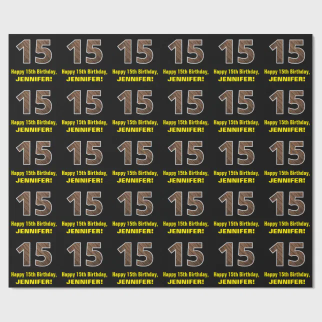 15th Birthday: Name & Faux Wood Grain Pattern "15" Wrapping Paper | Zazzle