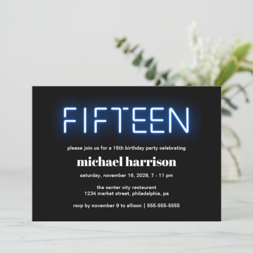 15th Birthday Party Blue Neon Lights Invitation | Zazzle