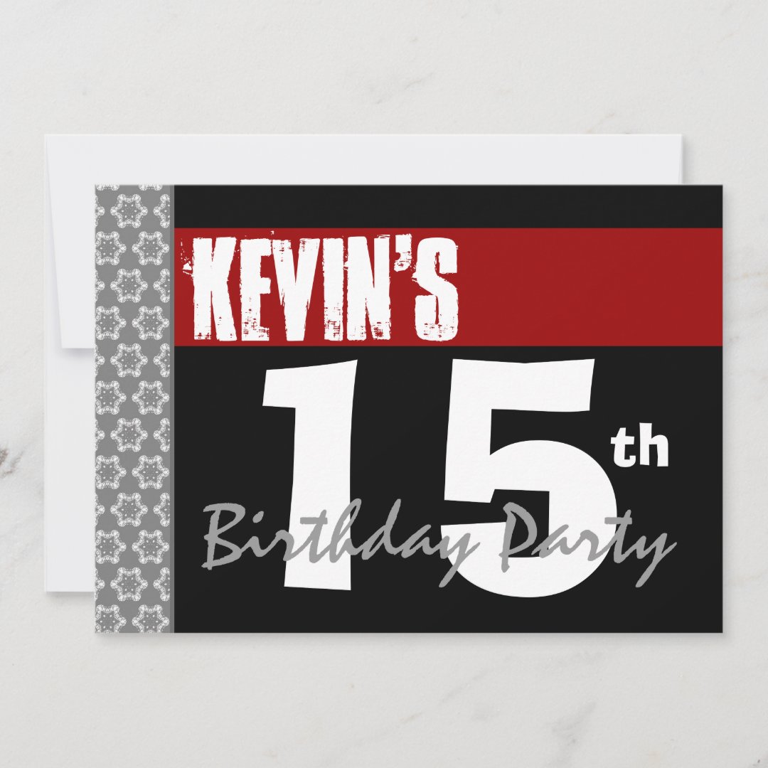 15th Birthday Party Modern Red Black and White 2E Invitation | Zazzle