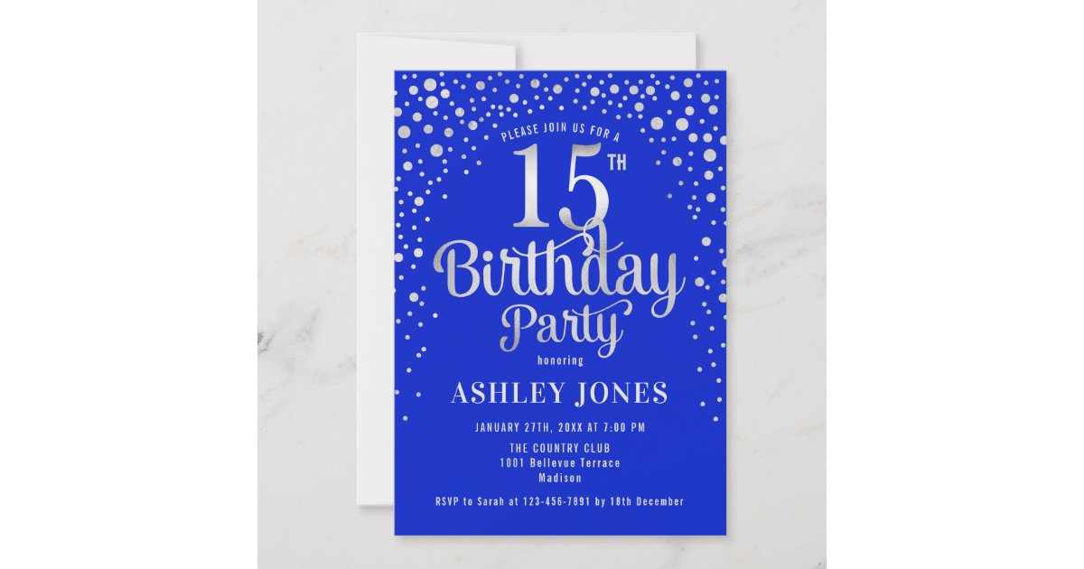 15th Birthday Party - Royal Blue & Silver Invitation | Zazzle