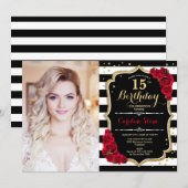 15th Birthday Party With Photo - Red Gold Black Invitation | Zazzle