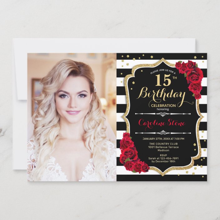 15th Birthday Party With Photo - Red Gold Black Invitation | Zazzle.com