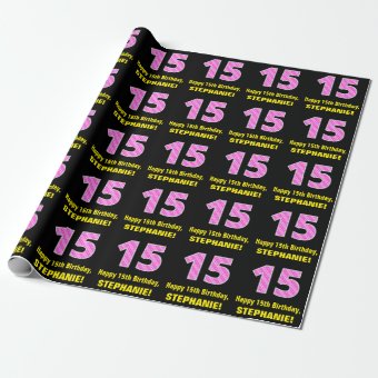 15th Birthday: Pink Stripes and Hearts "15" + Name Wrapping Paper | Zazzle