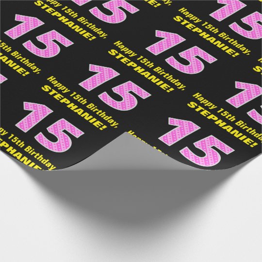15th Birthday: Pink Stripes and Hearts "15" + Name Wrapping Paper ...