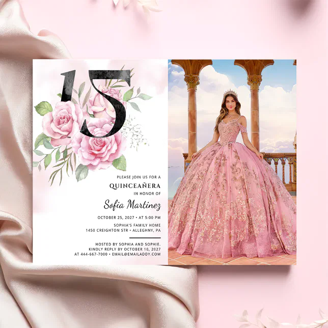 15th Birthday Quinceanera Rustic Floral Photo Invitation | Zazzle