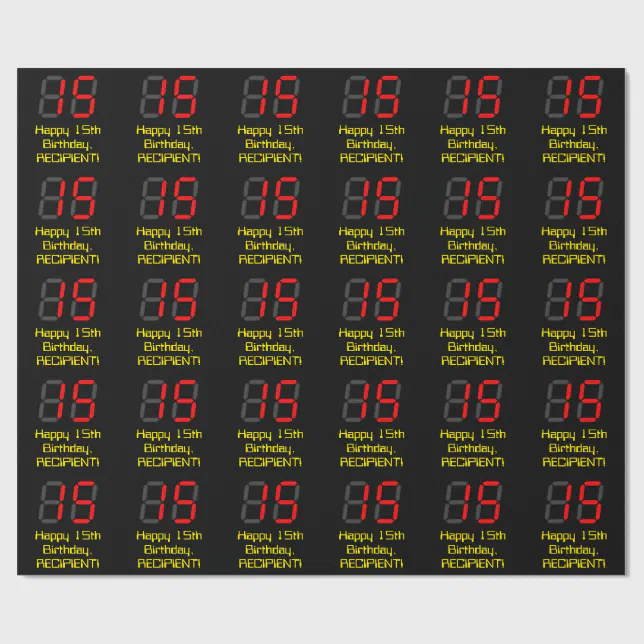 15th Birthday: Red Digital Clock Style "15" + Name Wrapping Paper | Zazzle