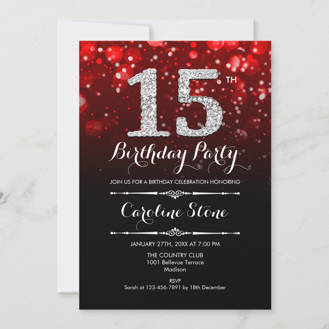 15th Birthday - Red Silver Invitation | Zazzle
