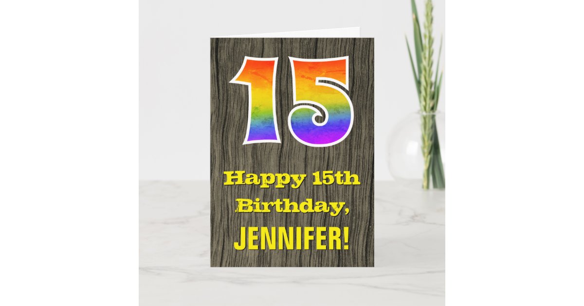 15th Birthday: Rustic Faux Wood Look, Rainbow "15" Card | Zazzle