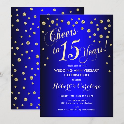 15th Wedding Anniversary - Royal Blue & Gold Invitation | Zazzle