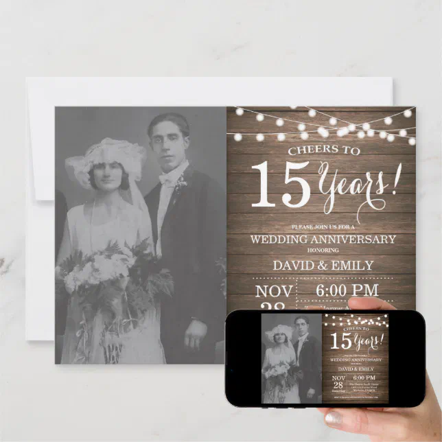 15th Wedding Anniversary Rustic Wood Invitation | Zazzle