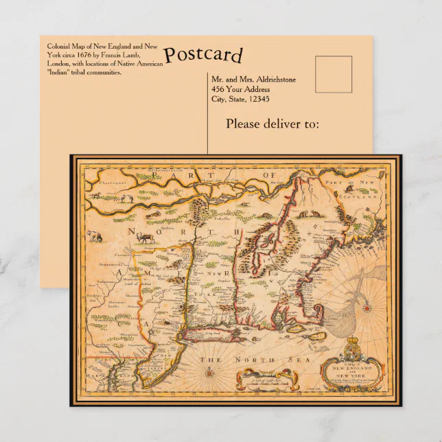 1600s New England Map Native American Settlements Postcard | Zazzle