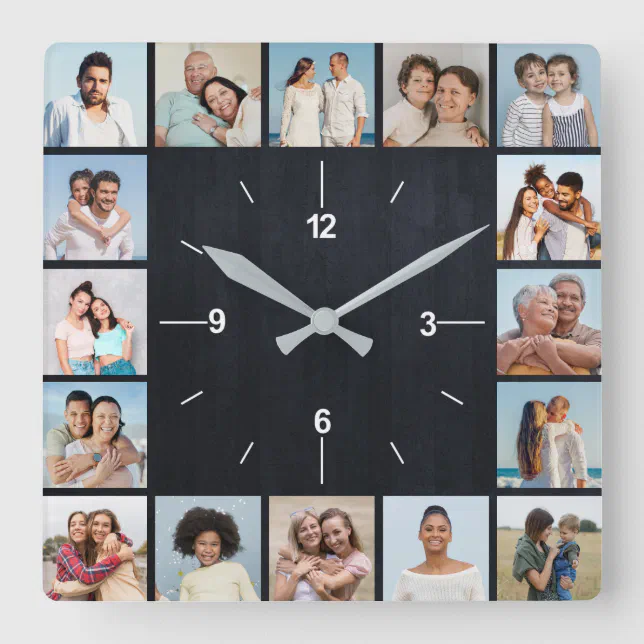 16 Photo Collage Dark Faux Wood Fence Square Wall Clock | Zazzle