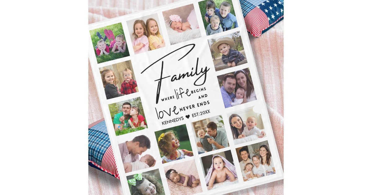 16 Photo Collage Family Name Quote Black And white Fleece Blanket | Zazzle