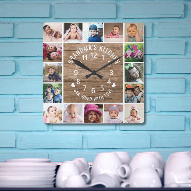 16 Photo Collage Rustic Wood Grandma's Kitchen Square Wall Clock | Zazzle