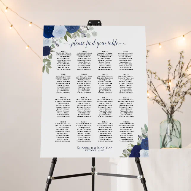 16 Table Elegant Blue Roses Boho Seating Chart Foam Board | Zazzle