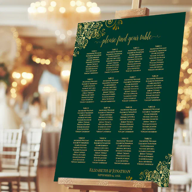16 Table Emerald & Gold Glam Wedding Seating Chart Foam Board | Zazzle