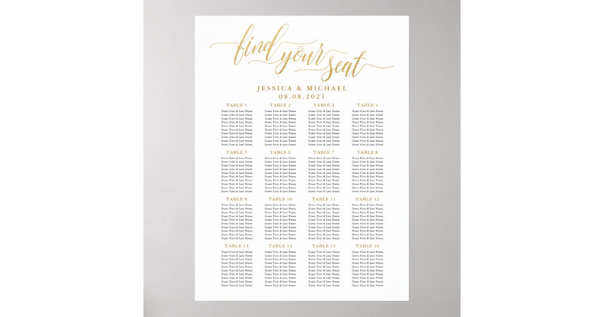 16 Table Large Gold Wedding Guest Seating Chart | Zazzle