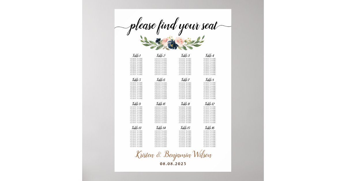 16 Table Large Wedding Guest Seating Chart | Zazzle