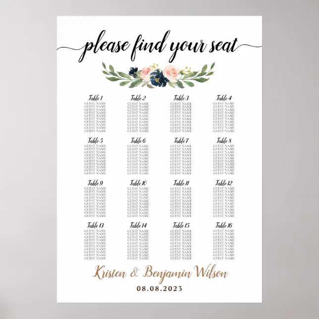 16 Table Large Wedding Guest Seating Chart | Zazzle