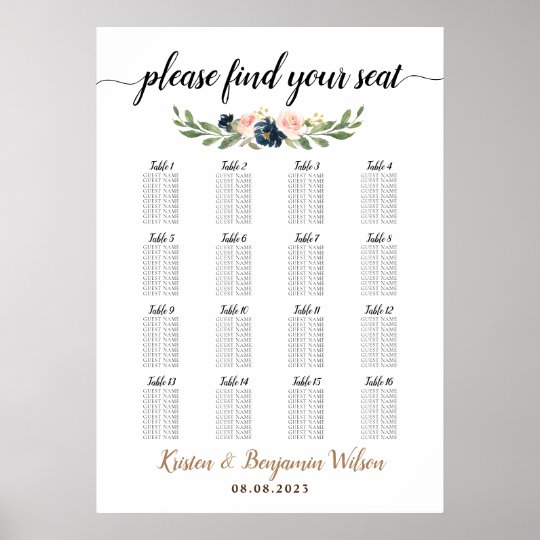 16 Table Large Wedding Guest Seating Chart | Zazzle.com