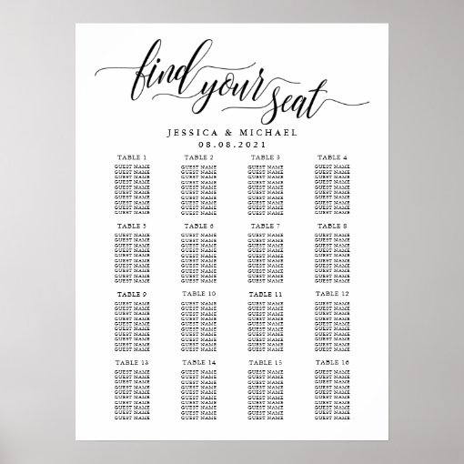 16 Table Large Wedding Guest Seating Chart | Zazzle