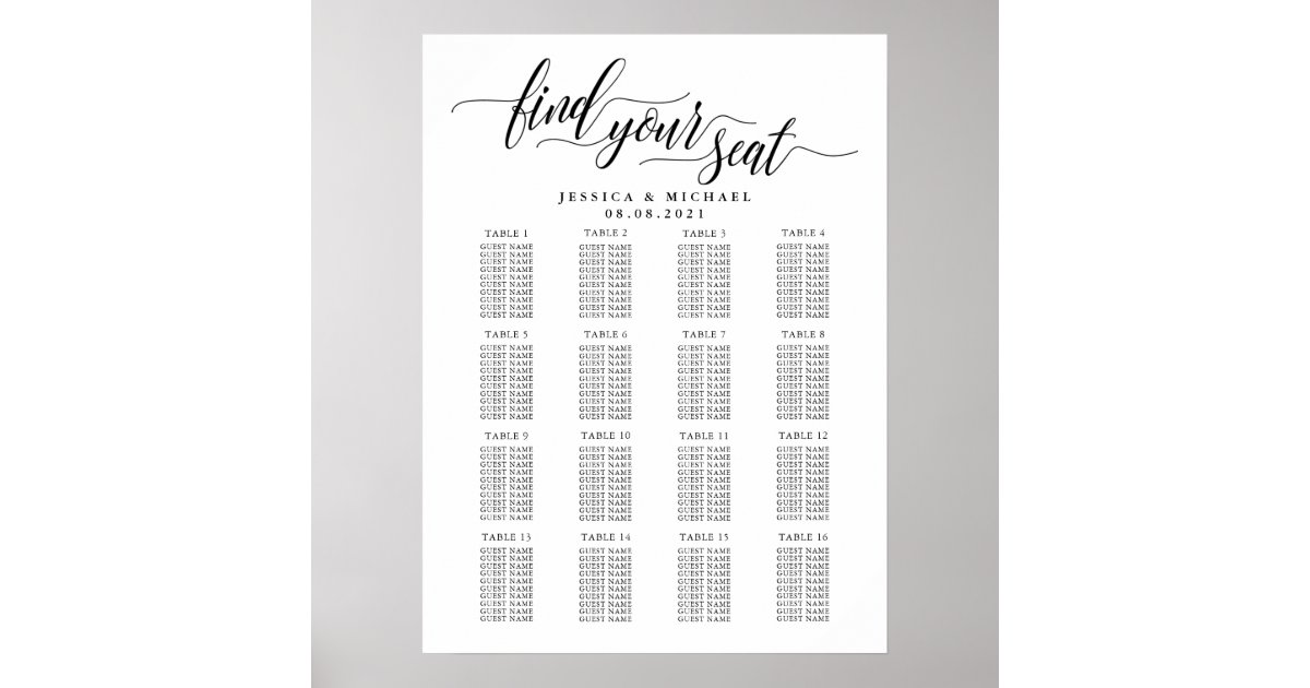 16 Table Large Wedding Guest Seating Chart | Zazzle
