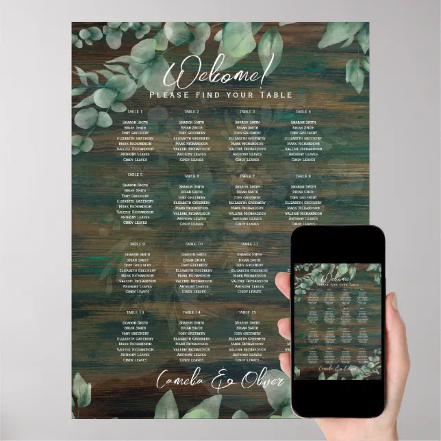 16 Table Rustic Wood Greenery Eucalyptus SEATING Poster | Zazzle