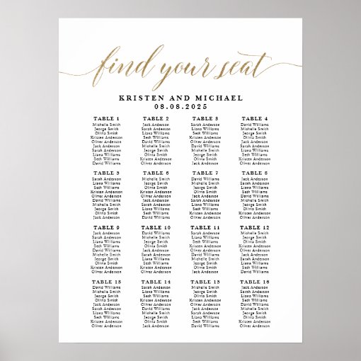 16 Tables 160 Guests Find Your Seat Seating Chart | Zazzle