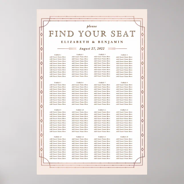 16 Tables | Art Deco Blush Rose Gold Foil Wedding Poster | Zazzle