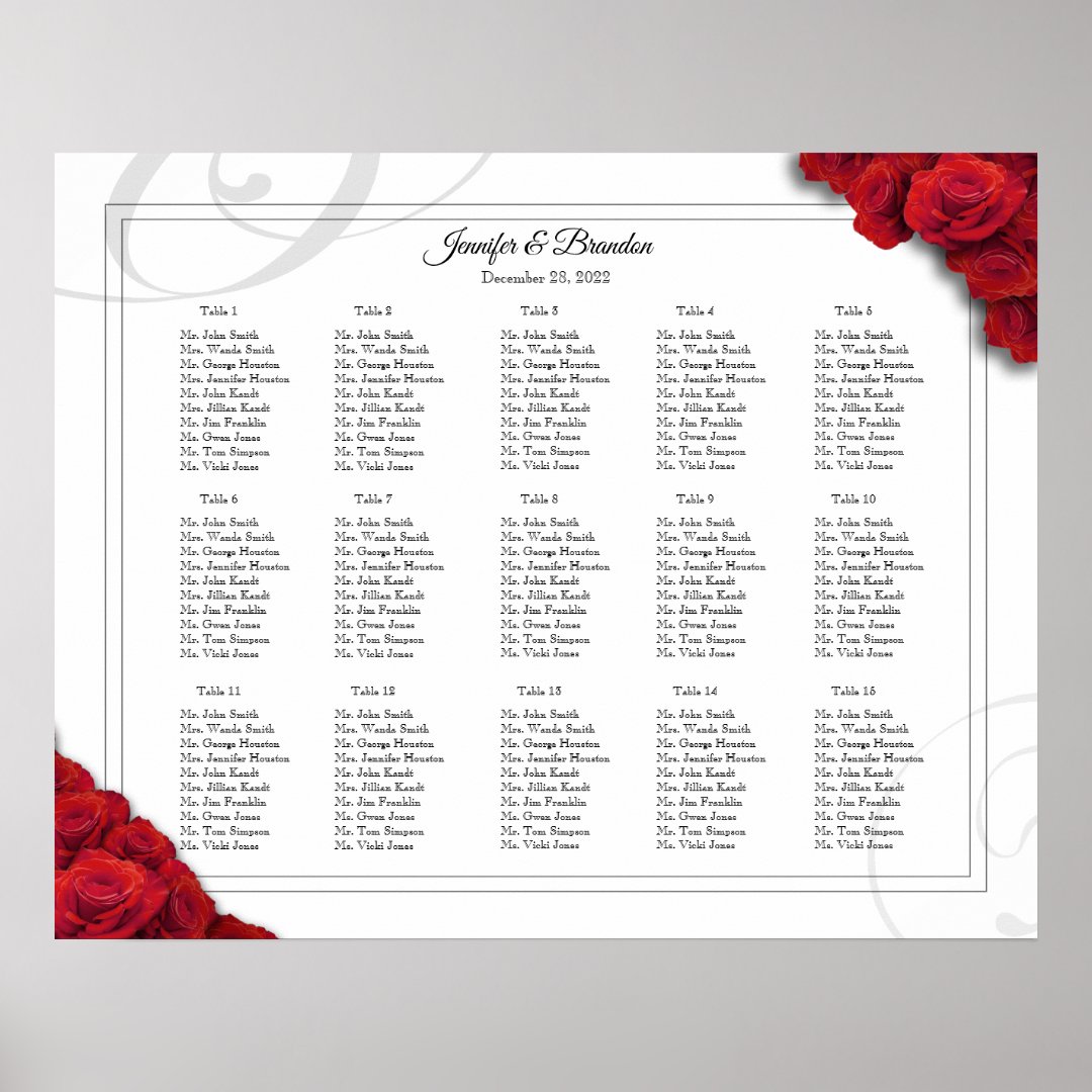16 x 20 Red Roses Seating Chart | Zazzle