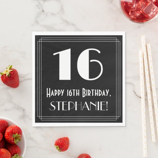 16th Birthday ~ Art Deco Inspired Look "16", Name Napkins | Zazzle