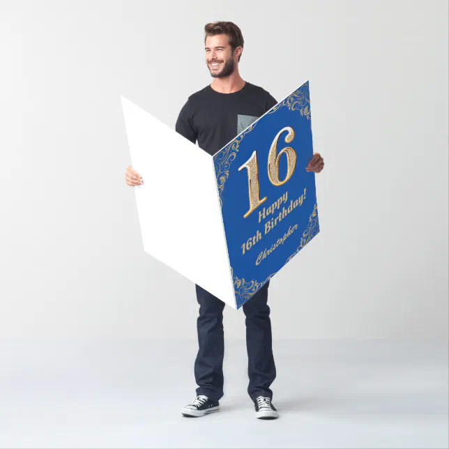 16th Birthday Blue & Gold Glitter Extra Large Card | Zazzle