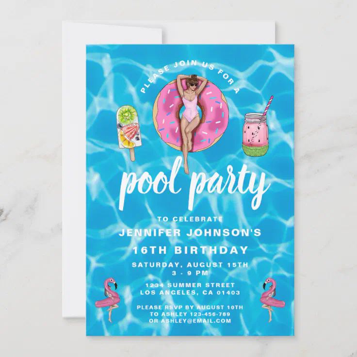 16th Birthday Cute Pink Summer Pool Party Invitation | Zazzle