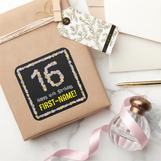 16th Birthday: Floral Flowers Number, Custom Name Square Sticker | Zazzle