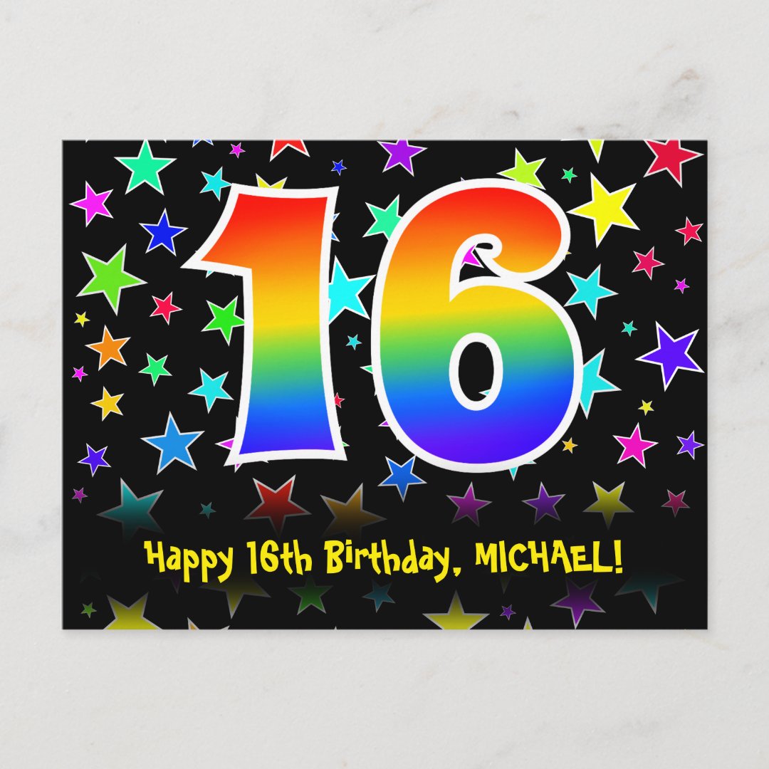 16th Birthday: Fun Stars Pattern, Rainbow 16, Name Postcard | Zazzle